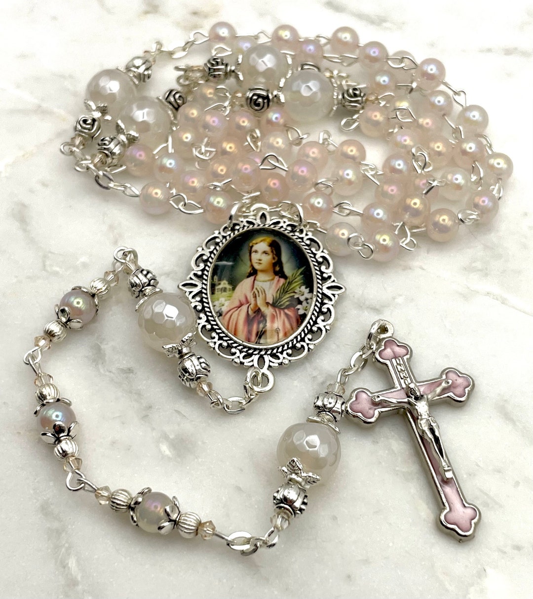 Saint Maria Goretti Centerpiece Heirloom Handmade Rosary | Light Pink ...
