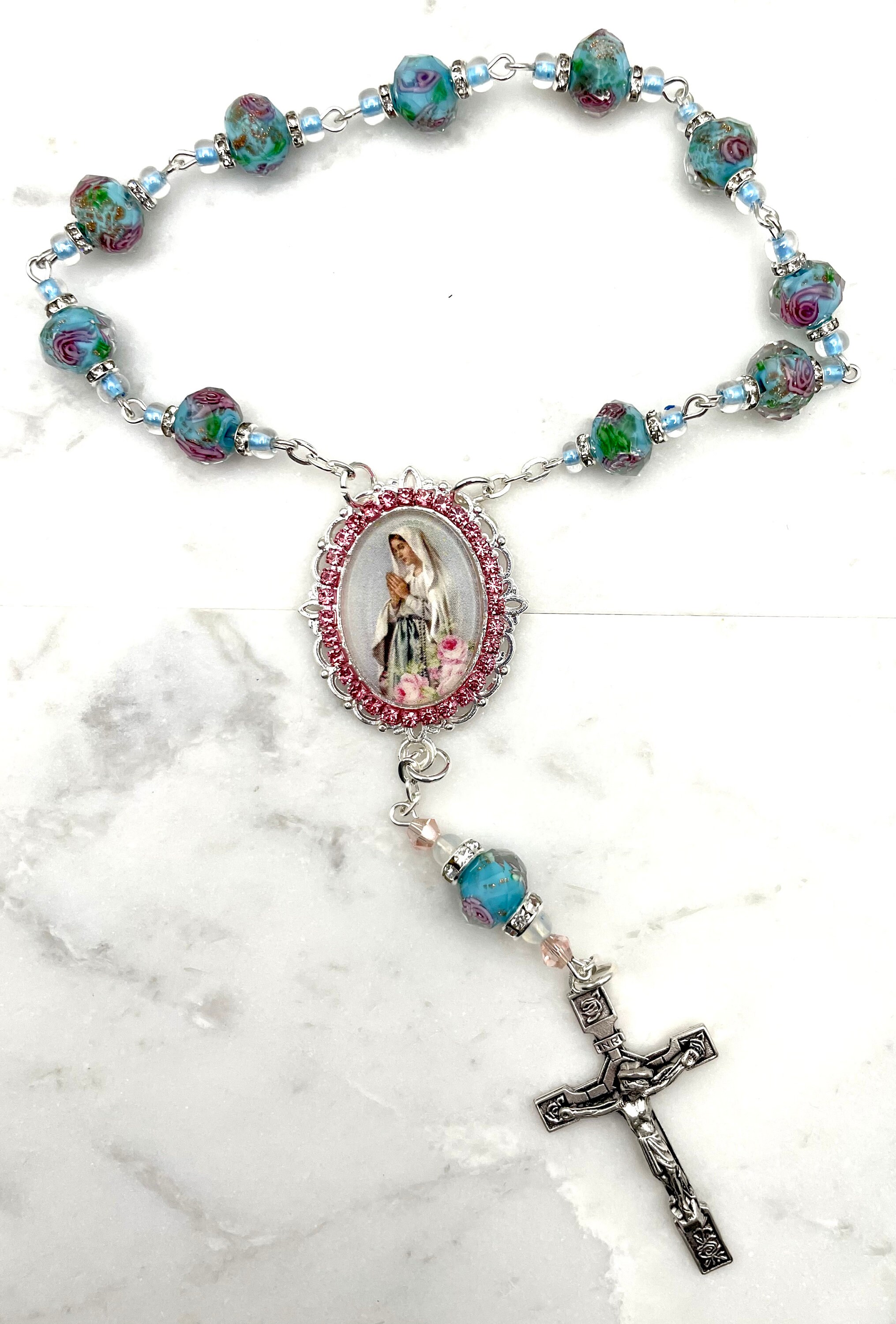 Pink Crystal Our Lady of Lourdes Center Single Decade Pocket Rosary ...
