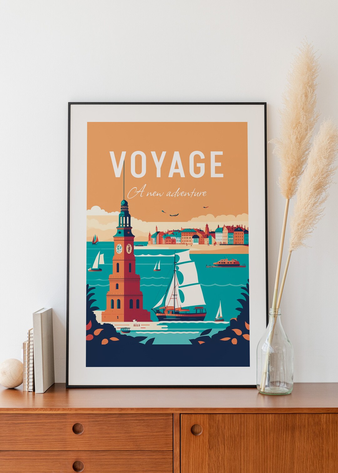 A4 Travel Poster Boats and Lighthouse AI Vector Style - Etsy