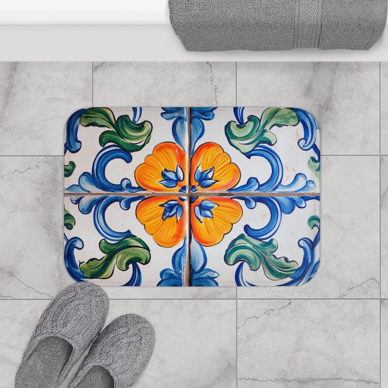Tapete de banheiro com azulejos mediterrâneos, tapete de banheiro ...