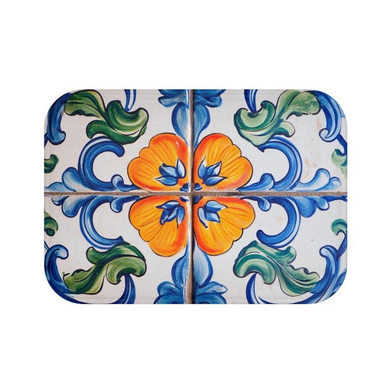 Tapete de banheiro com azulejos mediterrâneos, tapete de banheiro ...