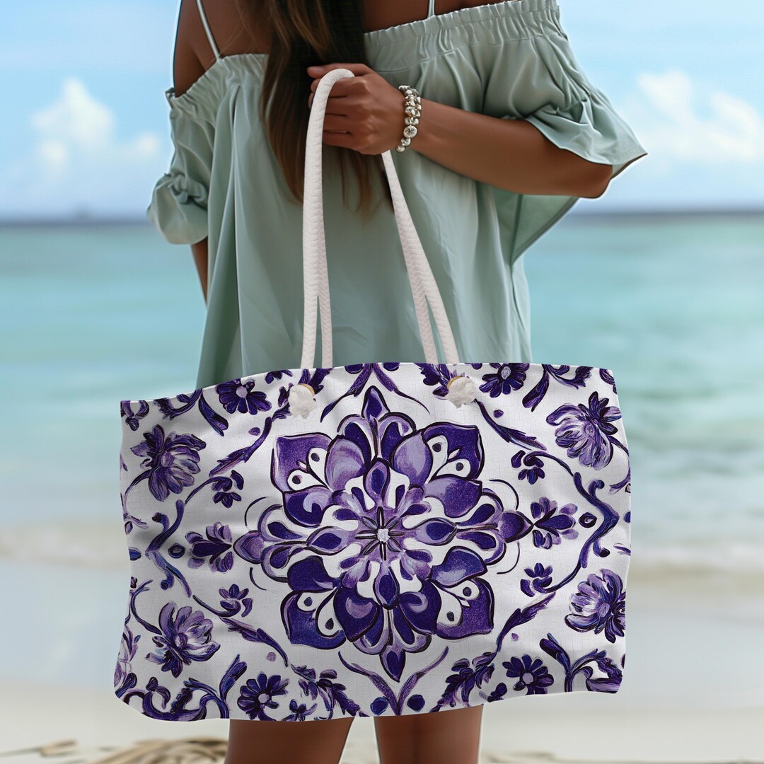 Purple Weekender Bag, Portuguese Tile Pattern Travel Duffle, Vacation ...