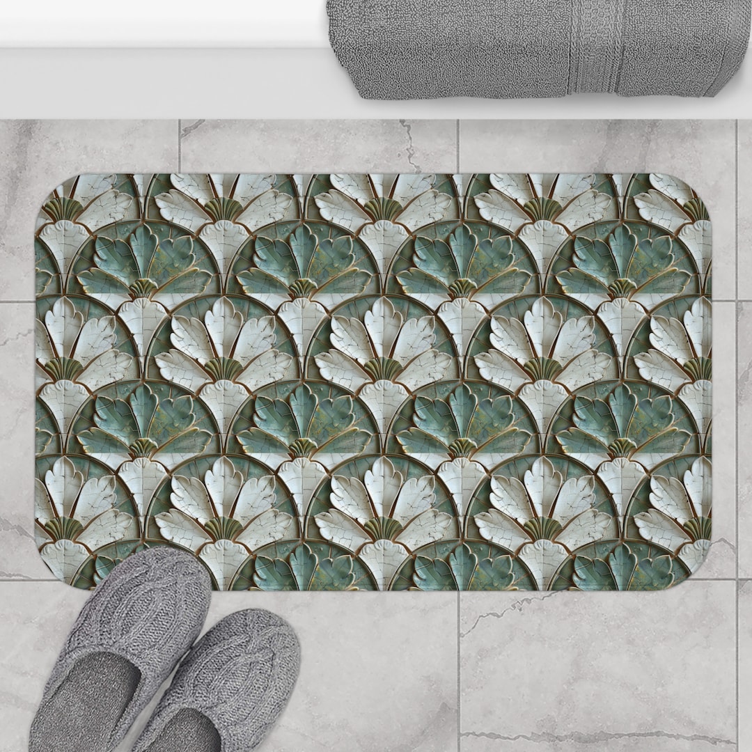 Vintage Azulejos Tile Bath Mat: Creamy White & Green Art Deco Bathroom ...