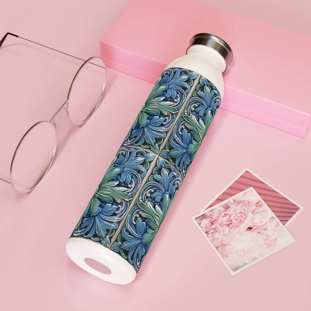 Blue and Teal Tile Floral Slim Water Bottle - Etsy