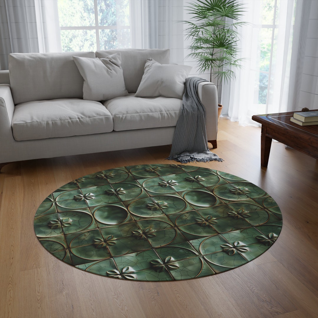 Green Circular Rug With Mediterranean Ceramic Tile Pattern, Home Decor ...