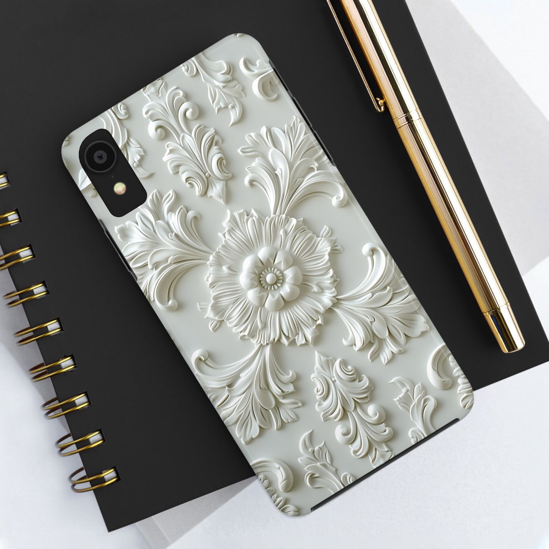 Creamy White Tough Phone Case: Off-white Ornate Floral Ceramic Motif ...