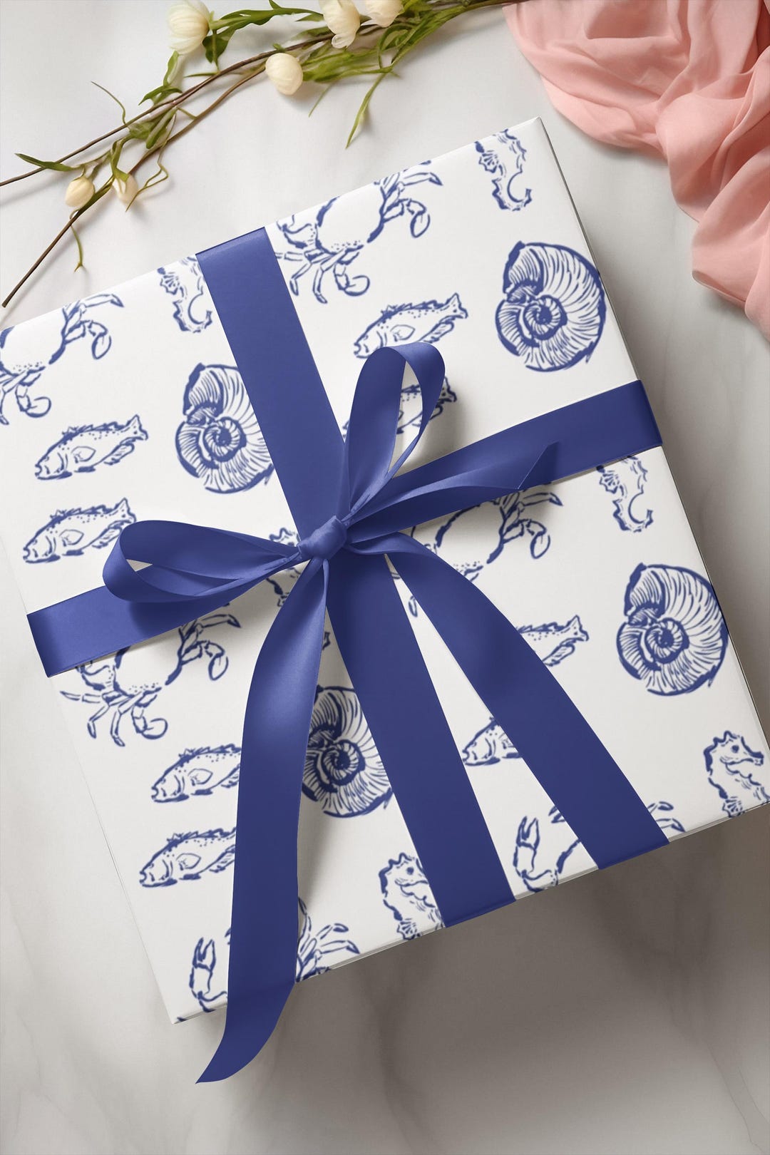 Coastal Toile Gift Wrap, Blue Seashell Wrapping Paper, Nautical Ocean ...