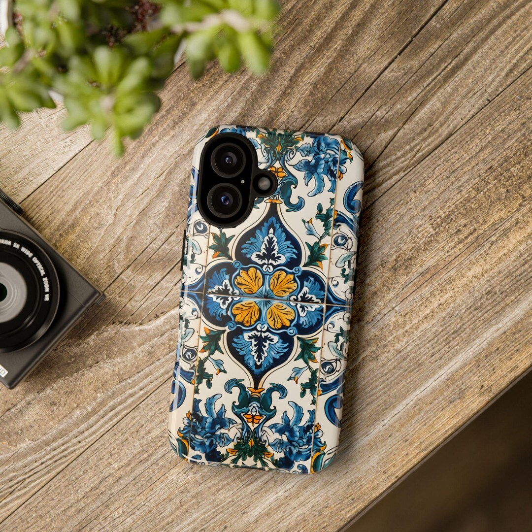 Blue Tile Phone Case: Vintage Mediterranean Ornate Design, Durable ...
