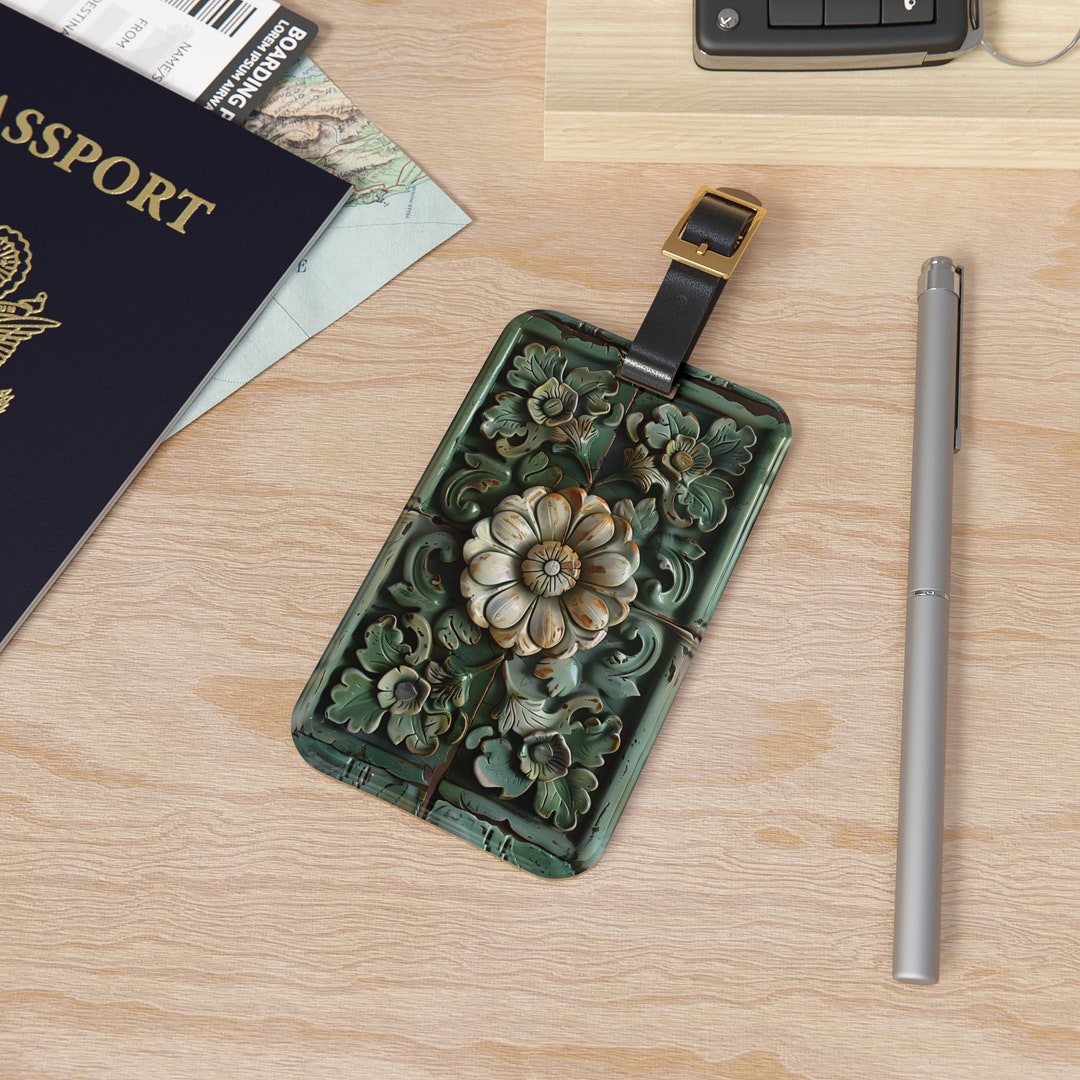 Green Floral Luggage Tag in Vintage Tile Design - Etsy