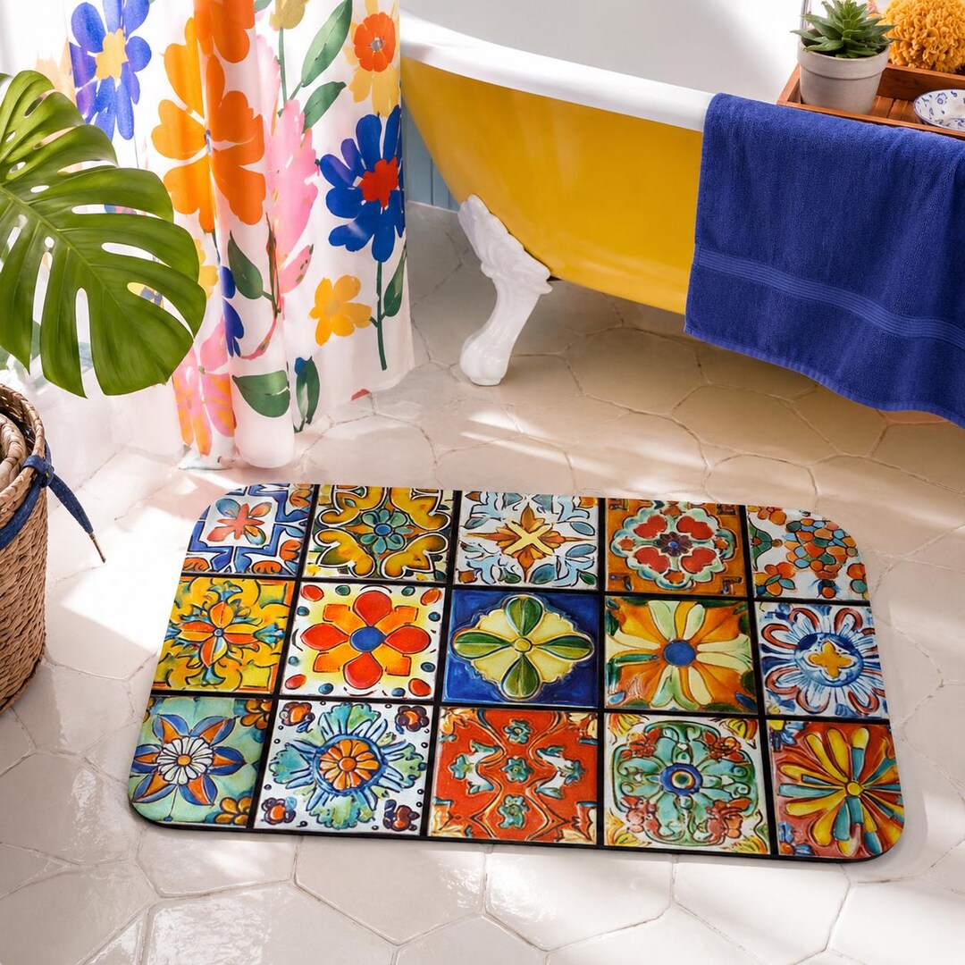 Spanish Tile Bath Mat, Mediterranean Bathroom Rug, Colorful Talavera ...