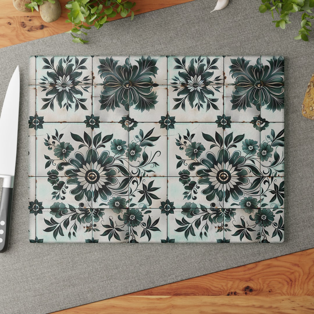 Glass Cutting Board - Sage Green Tile Design - Floral Glass Chopping ...