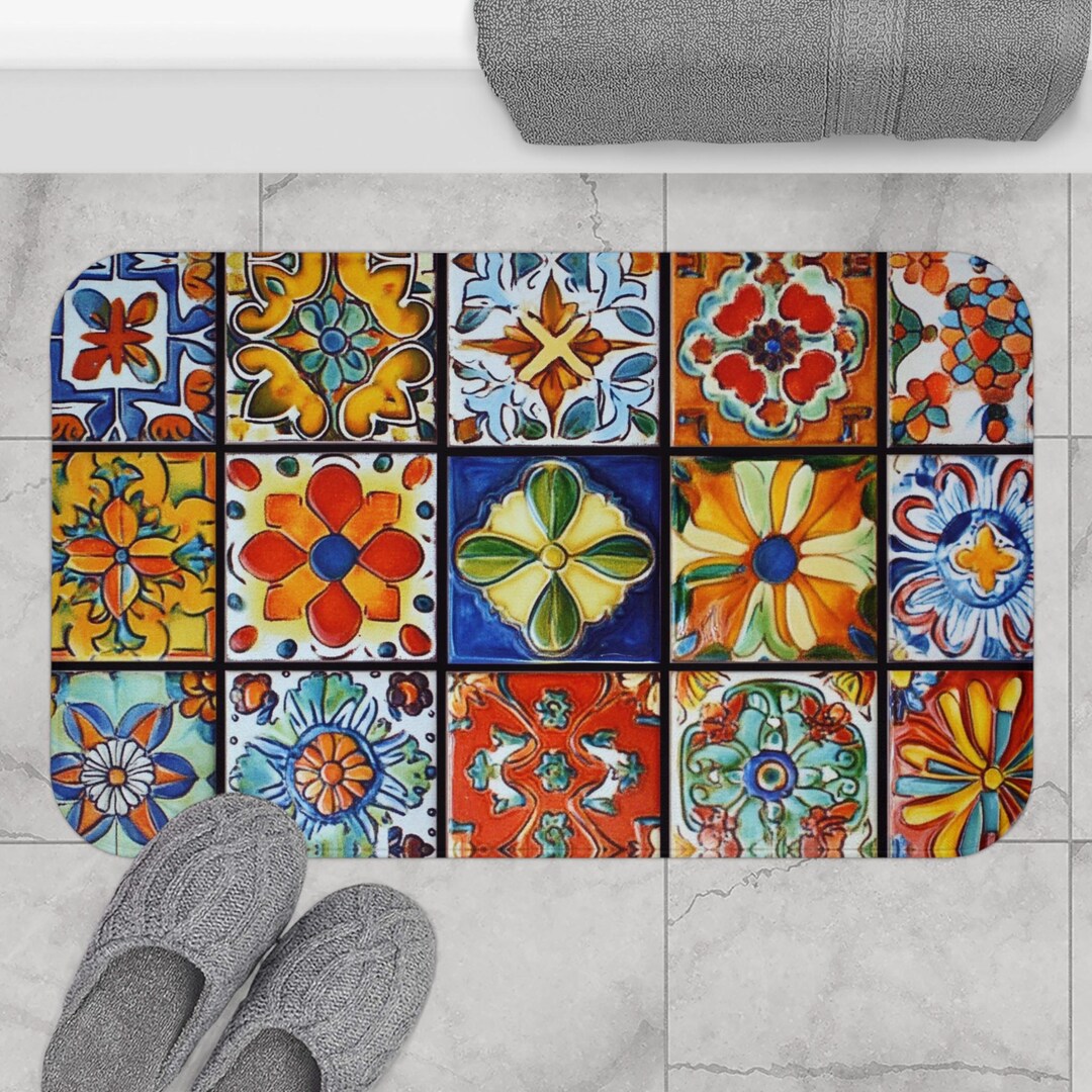 Colourful Bath Mat With a Tile Pattern - Intricate Floral Designs.: Non ...