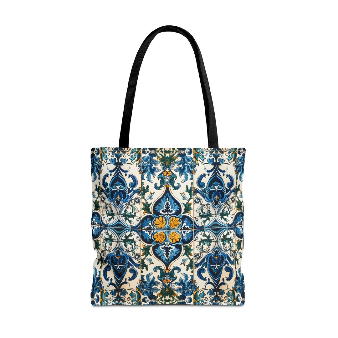 Azulejo Blue Tile Floral Tote Bag: Mediterranean Coastal Style - Etsy