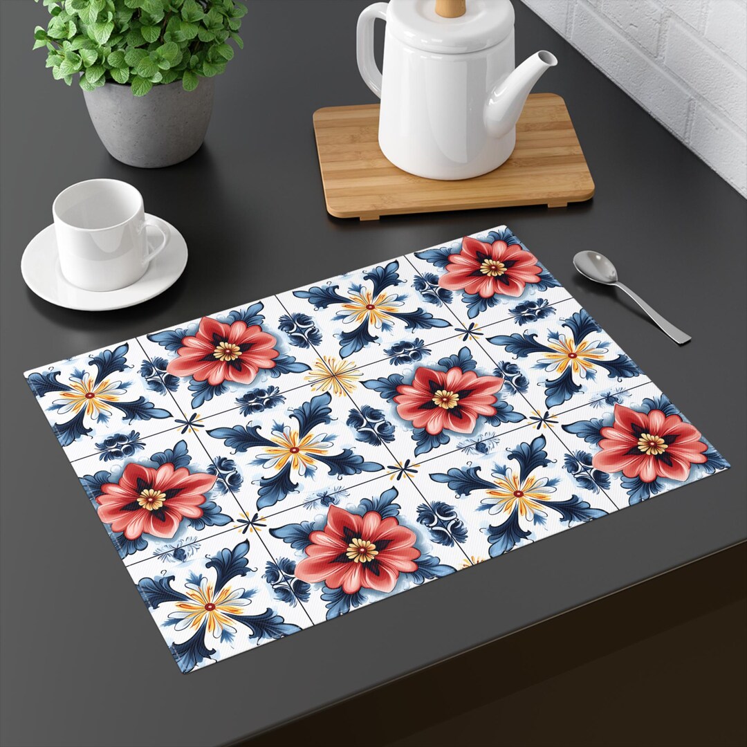 Cotton Placemat, Mediterranean Table Setting, Blue Kitchen Decor ...