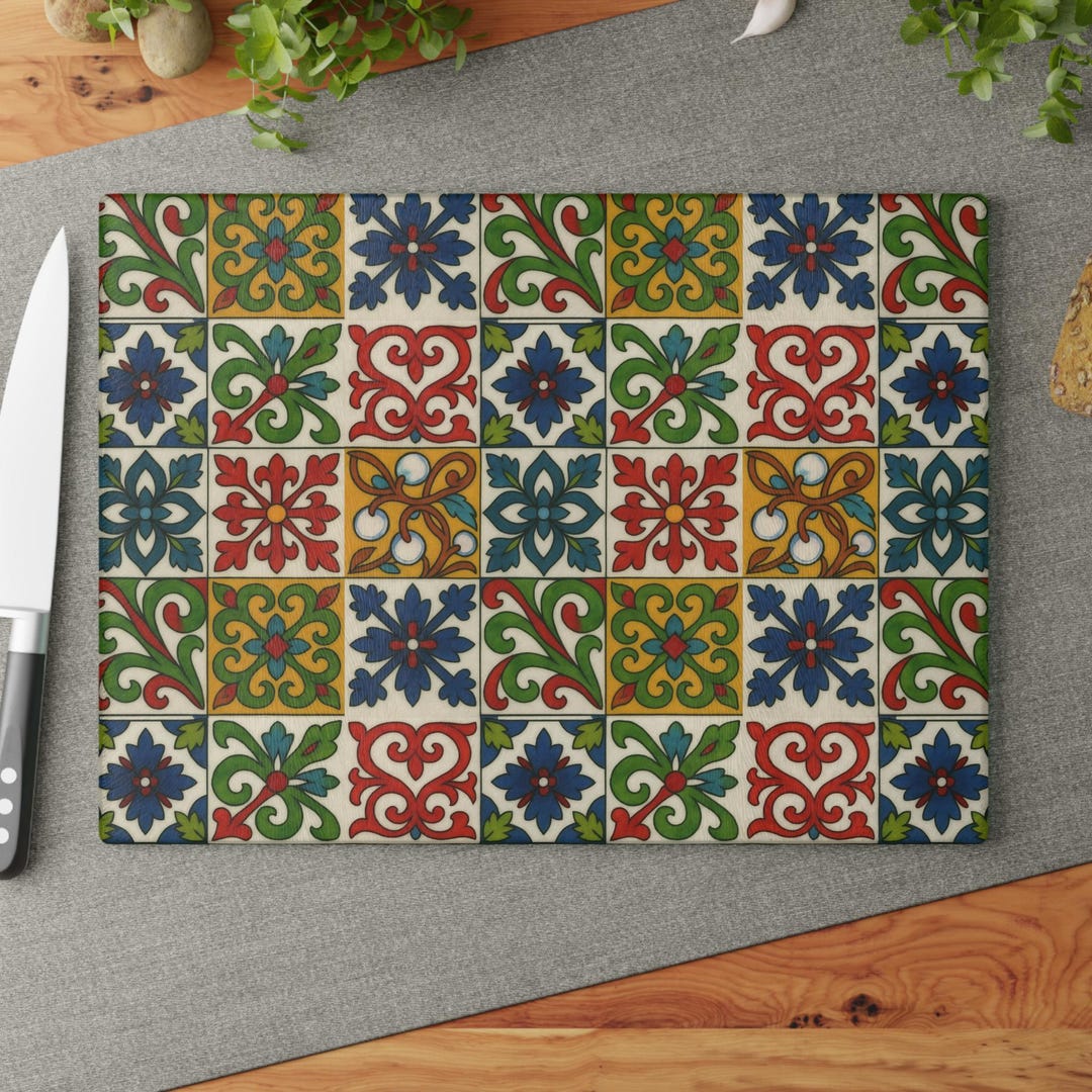 Mediterranean Glass Cutting Board - Traditional Portuguese Vintage Tile ...