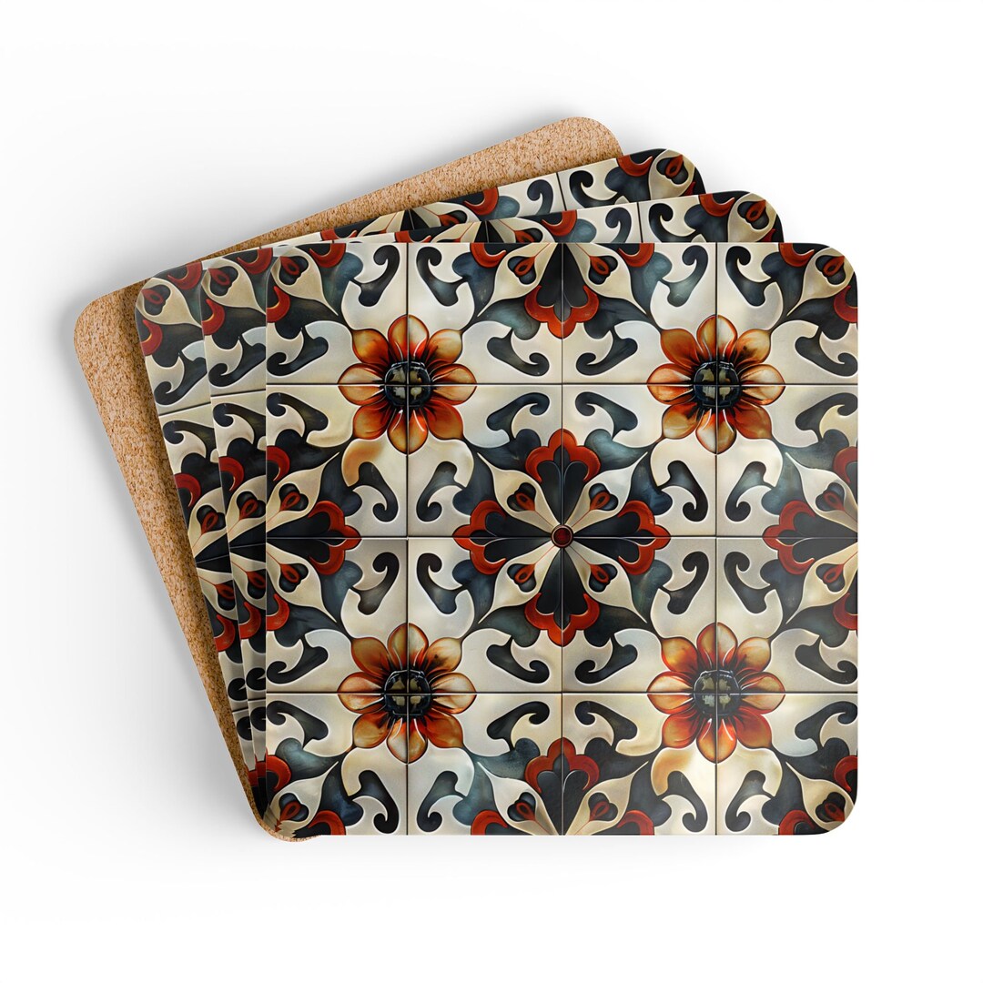 Set of 4 Coasters in Mediterranean Tile Design, Rustic Corkwood Coaster ...