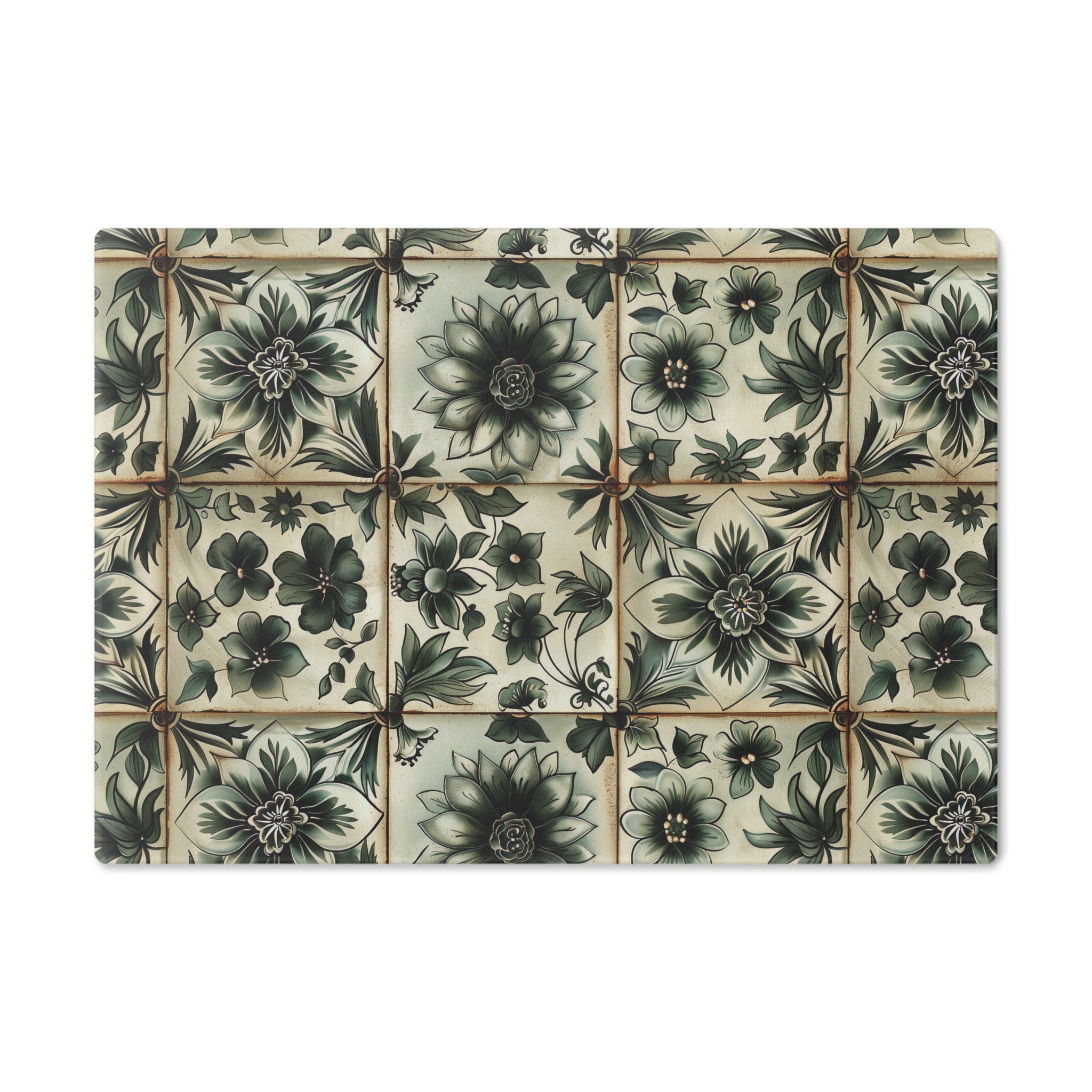 Sage Green Glass Cutting Board in Mediterranean Vintage Tile Design ...