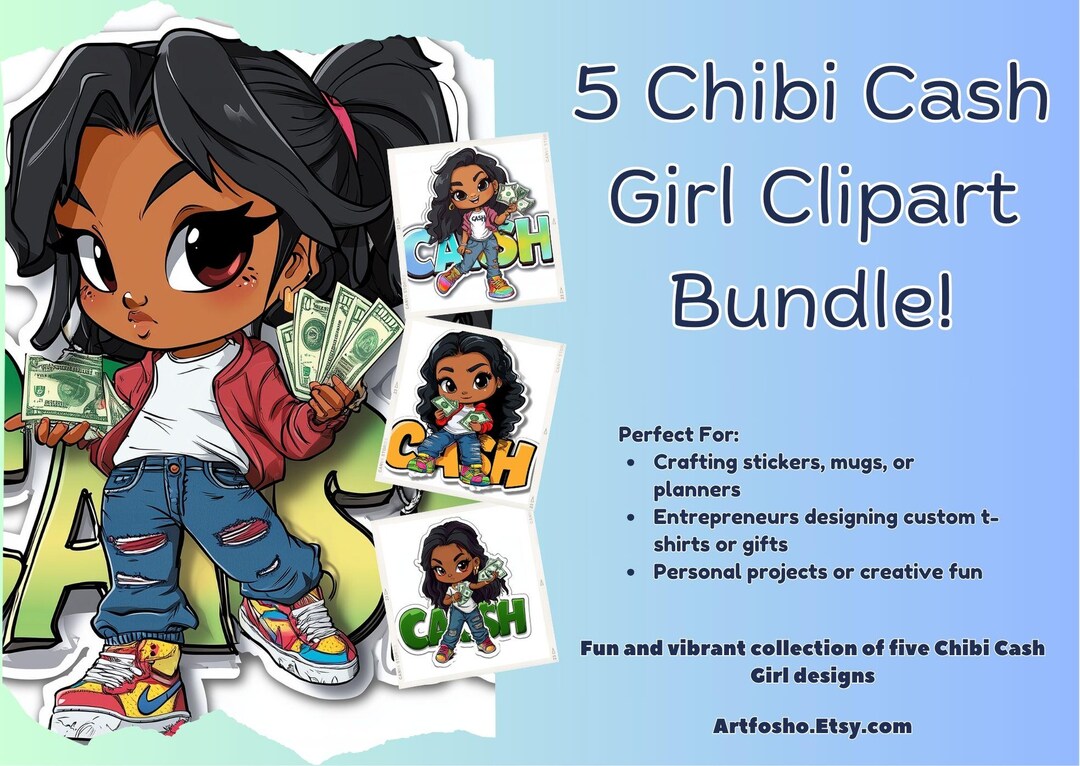 Chibi Cash Girl Clipart Bundle: 5 PNG Designs (digital Download) - Etsy