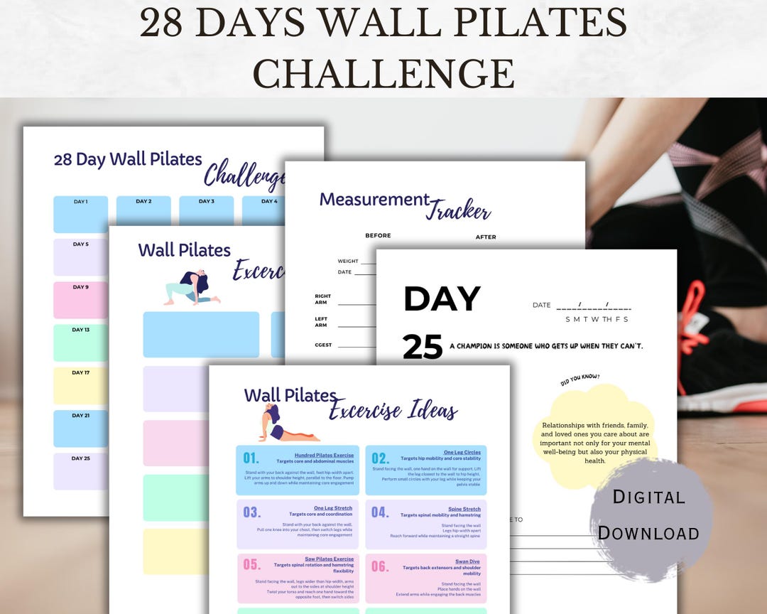 28 Days Wall Pilates Challenge, Wall Pilates Tracker, Workout Bundle ...