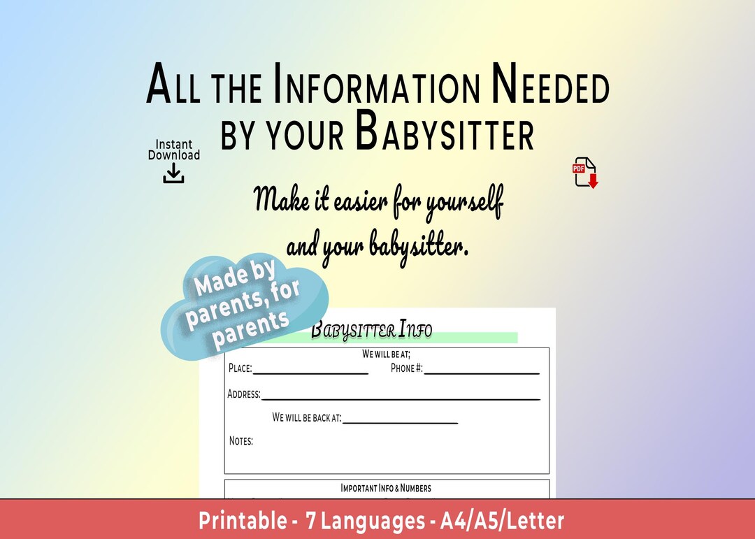 Babysitter Info Sheet, Babysitter Checklist, Emergency Contact, Baby ...