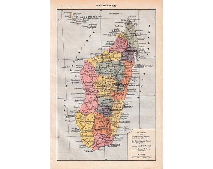 1923 Plate Illustration, Vintage Poster Map of Madagascar Larousse ...