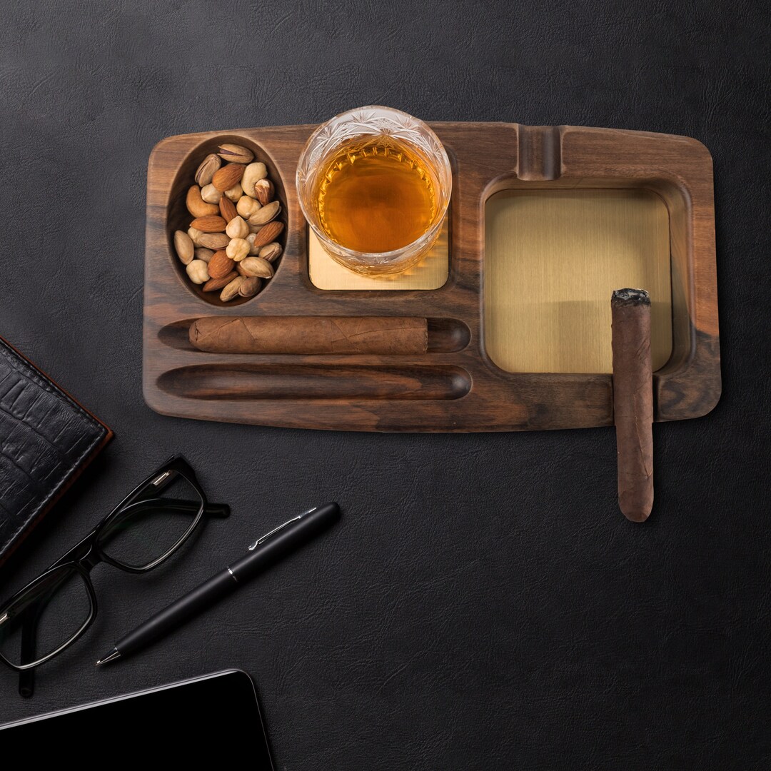 Wood Cigar Ashtray, Ashtray With Personalized Whiskey Glass Holder ...