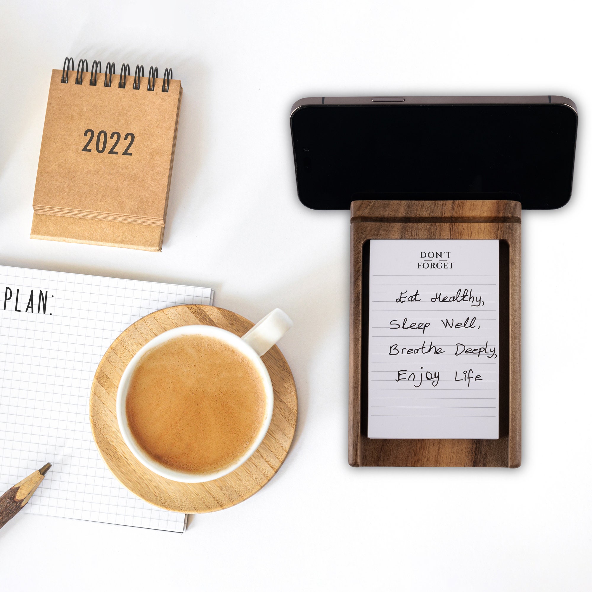 Wooden Phone Holder With Note Taking Section, Desktop Organizer, Desk ...