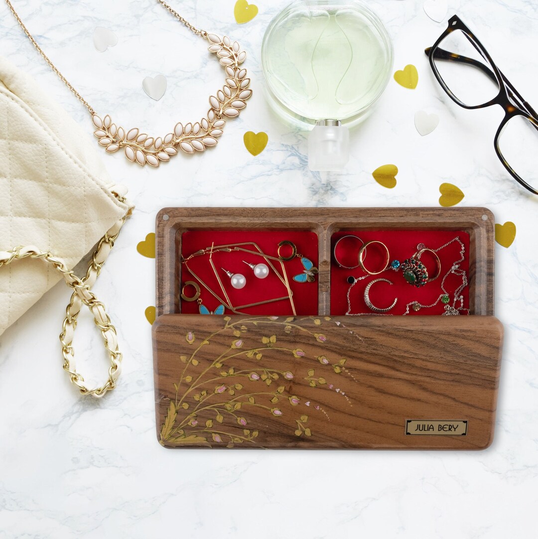 Gold Colored Inlaid Jewelry Box -handmade Jewelry Box Wood, Unique ...