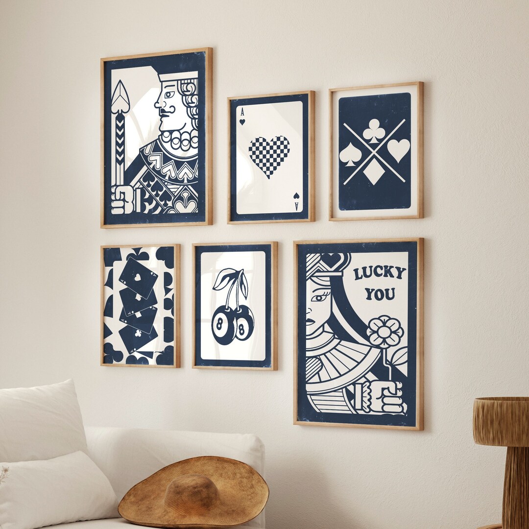 Poker Card Print Set of 6, Play Card Print Set, Blue Playing Card ...