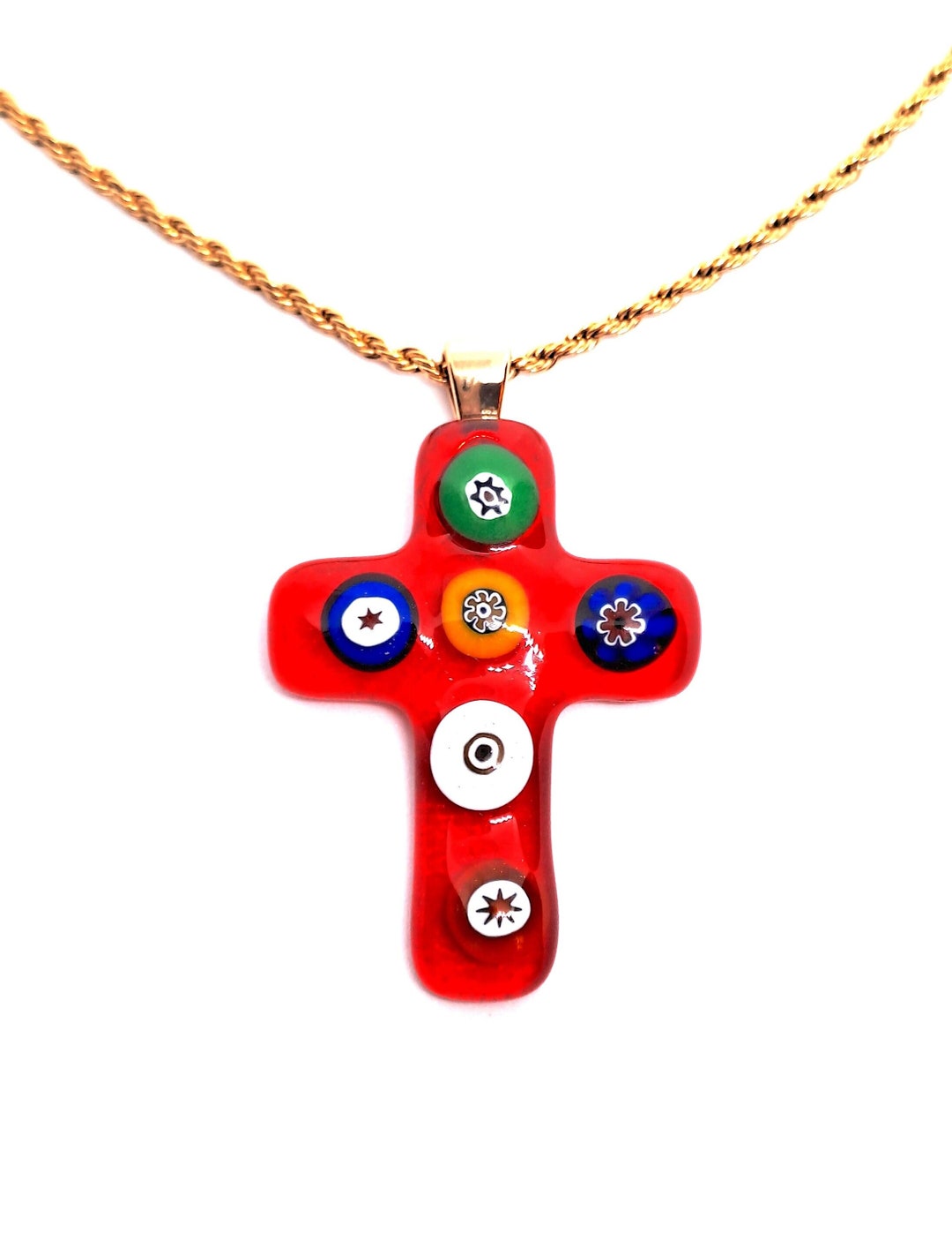 Red Murano Glass Cross Pendant Glass With Murrina Pieces Inside. Cross ...