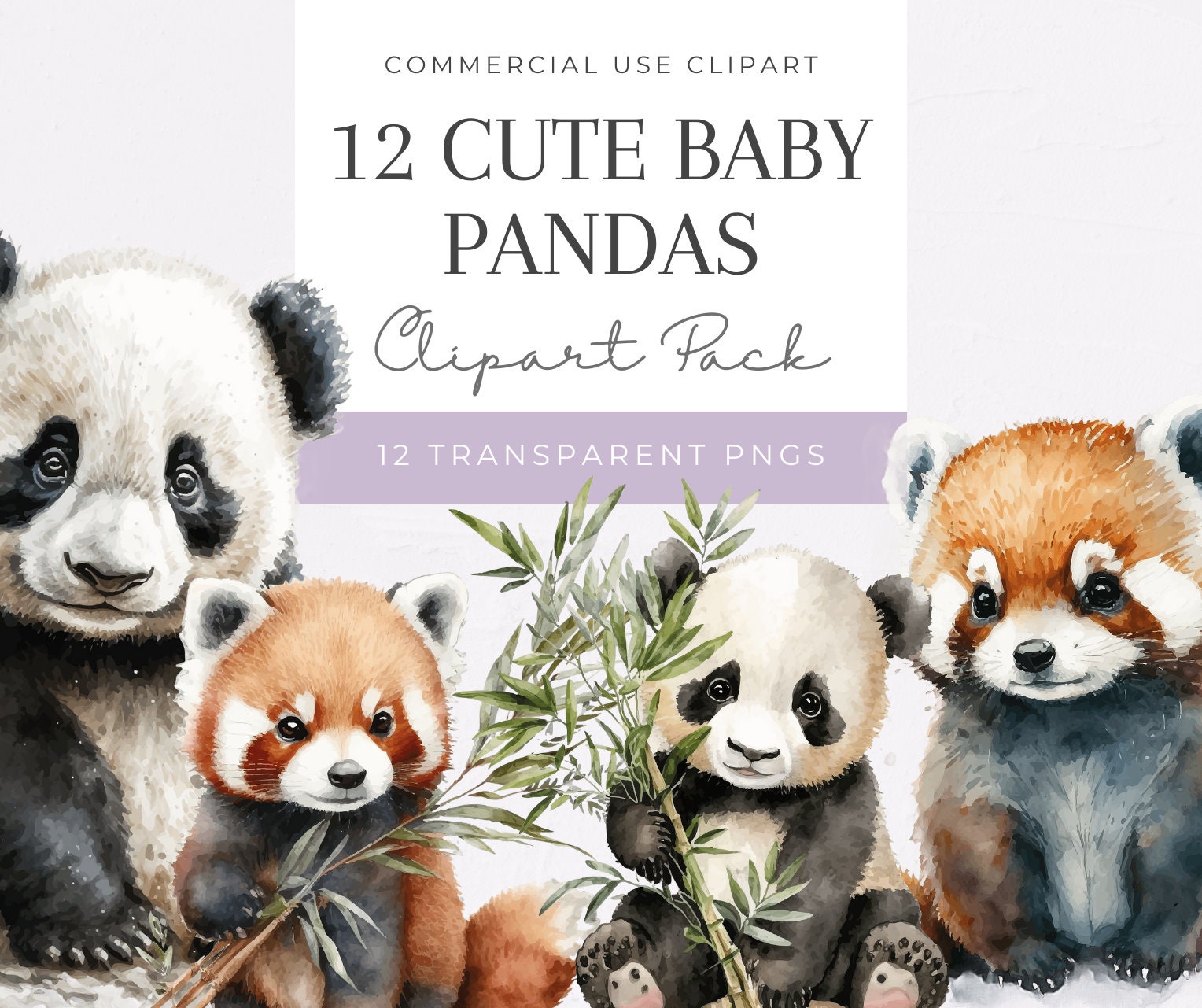 Watercolor Cute Baby Pandas Clipart Pack, Clipart for Commercial Use ...
