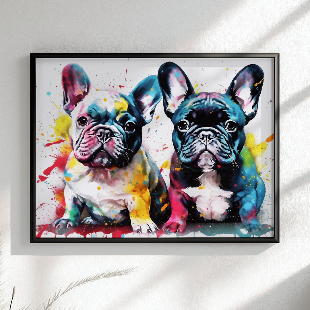 Two French Bulldog Puppies Watercolor Poster Print. Colorful Paint ...