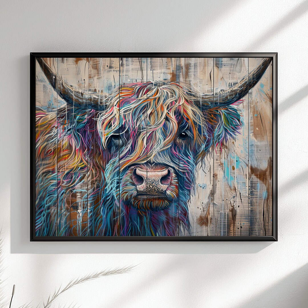 Highland Cow Canvas / Poster Print Wooden Background. Colourful Shaggy ...