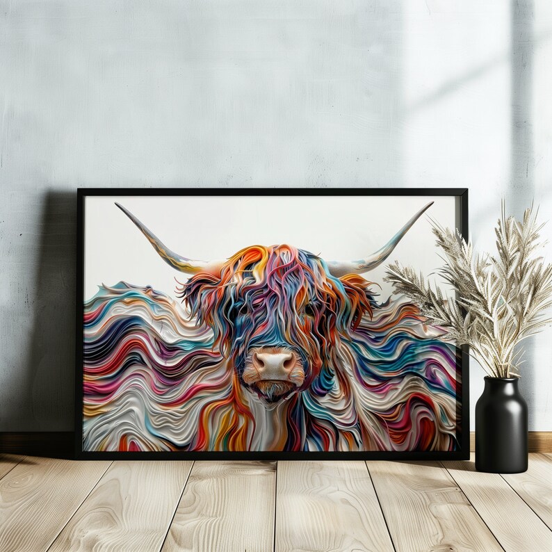 Abstract Highland Cow Canvas / Poster Print. Colorful Shaggy Scottish ...