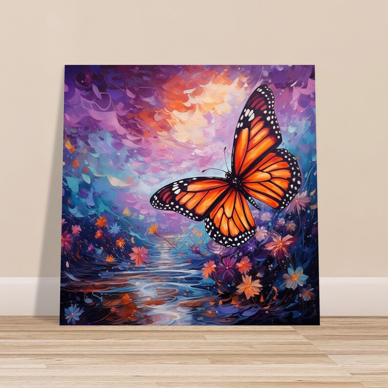 Abstract Monarch Butterfly & Flowers Print. Unframed Magical Colorful ...