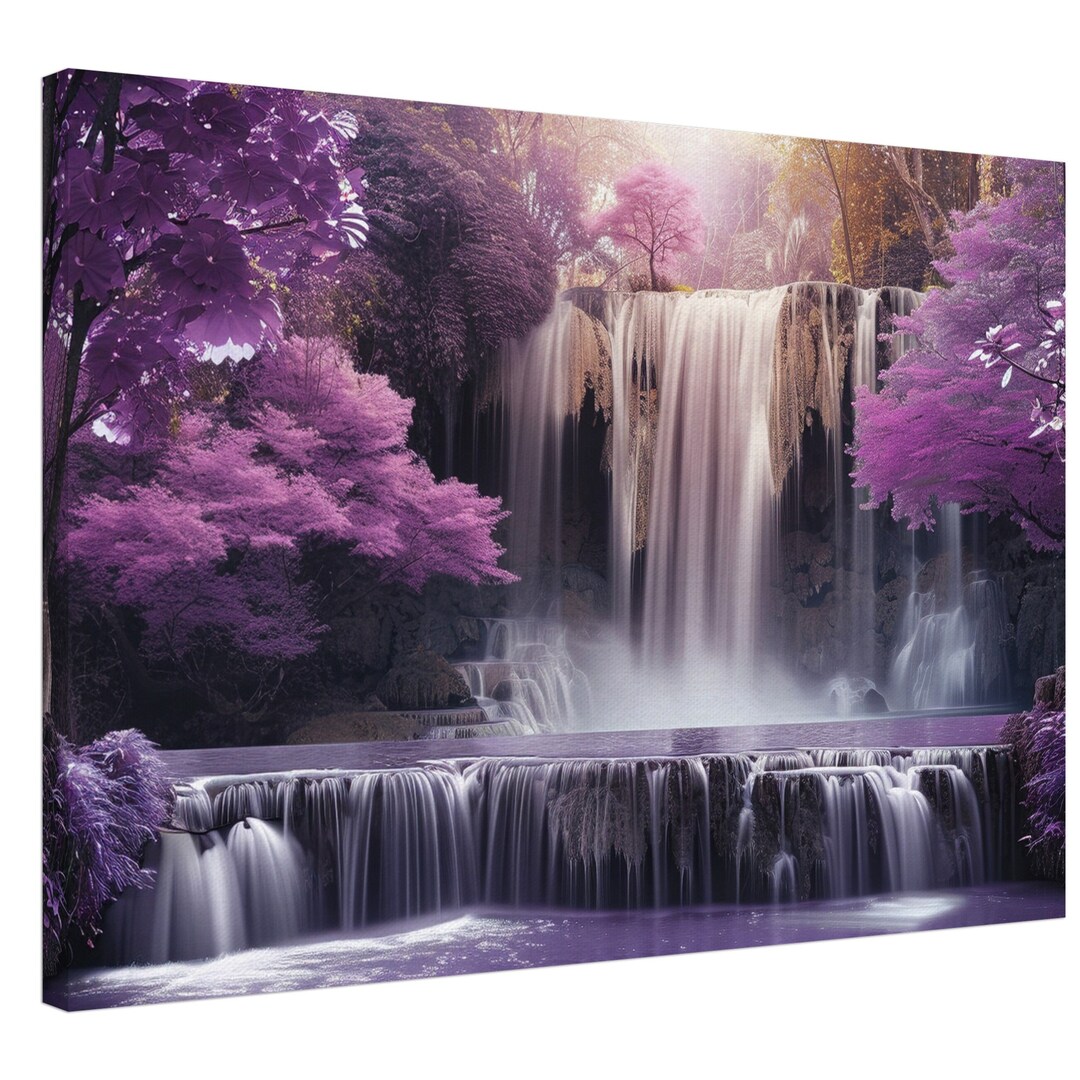 Beautiful Waterfall in a Purple Fairytale Woodland on Canvas. A Unique ...
