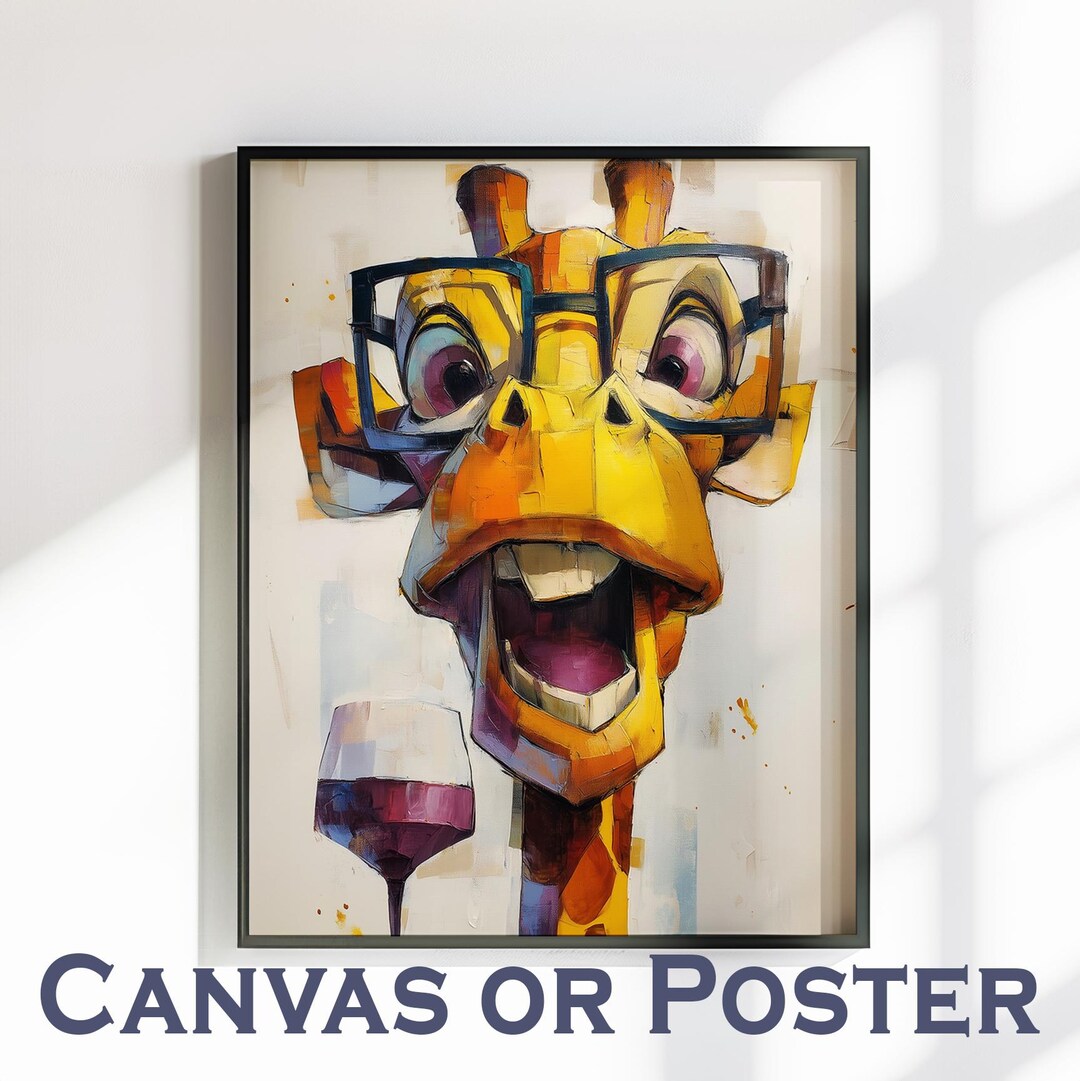 Giraffe With Wine Canvas or Poster. Funny Painting Print Animal With ...