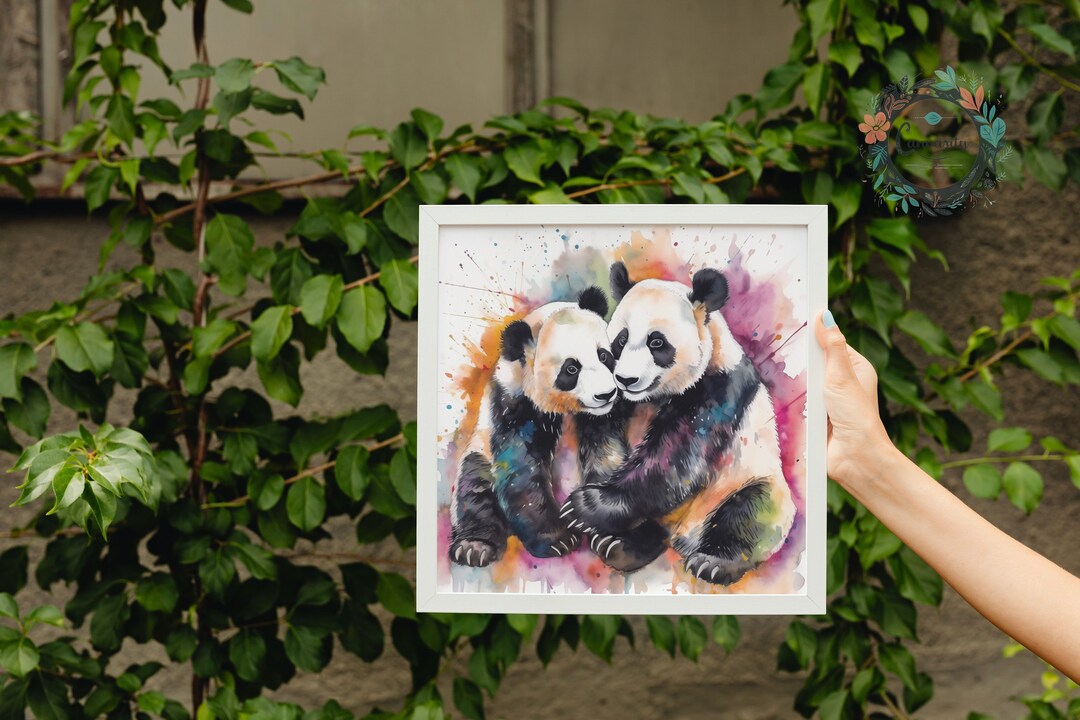 Two Pandas Cuddling Poster Print Watercolor Pop Art Rainbow Painting ...