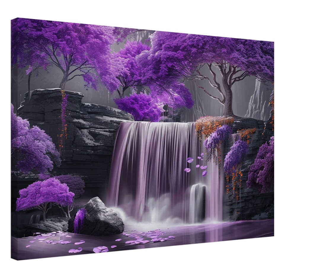 Relaxing Waterfall in a Purple Fairytale Woodland on Canvas. A Unique ...