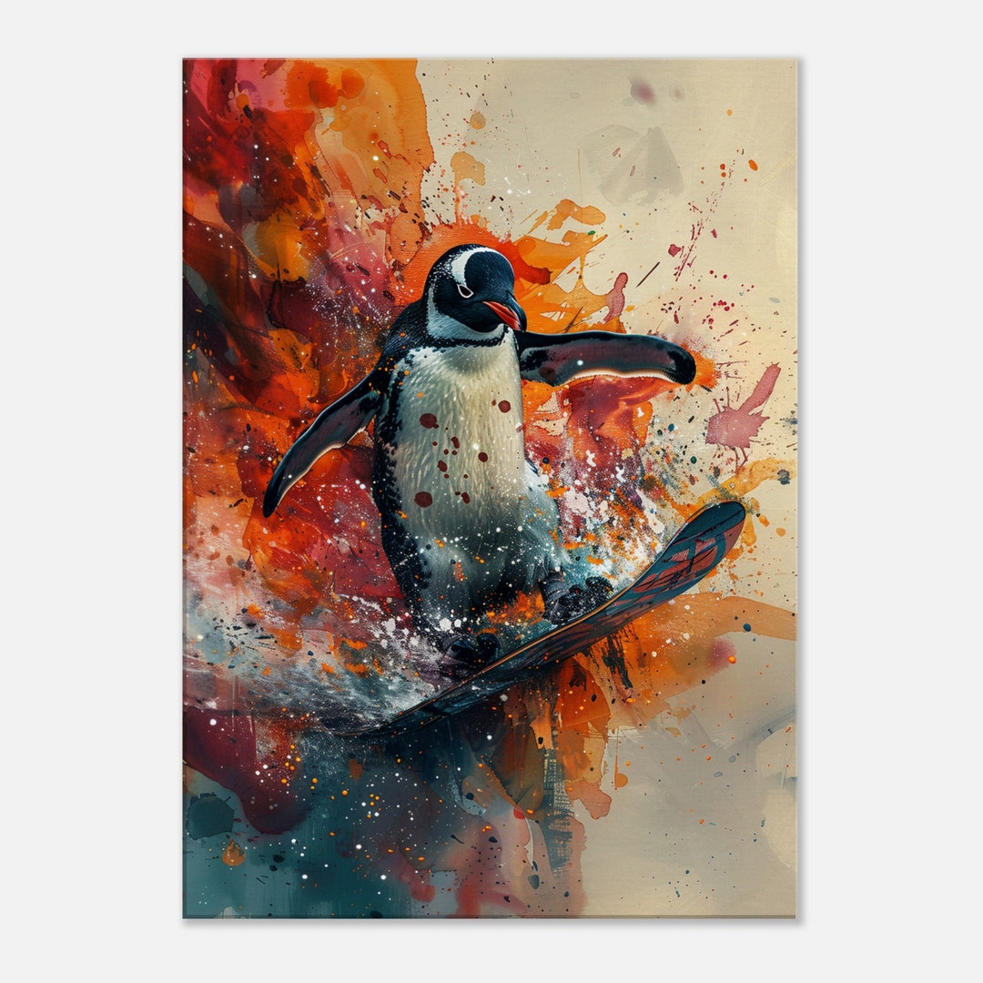 Funny Snowboarding Penguin Canvas Print. Paint Splash Animal Wall Art ...
