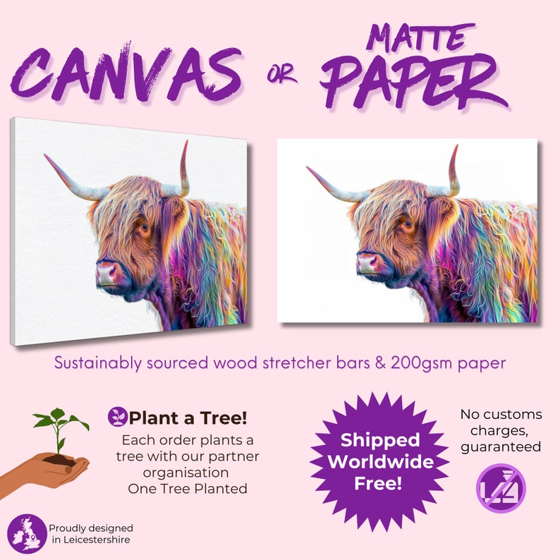 Highland Cow Canvas / Poster Print. Colorful Shaggy Scottish Cow ...