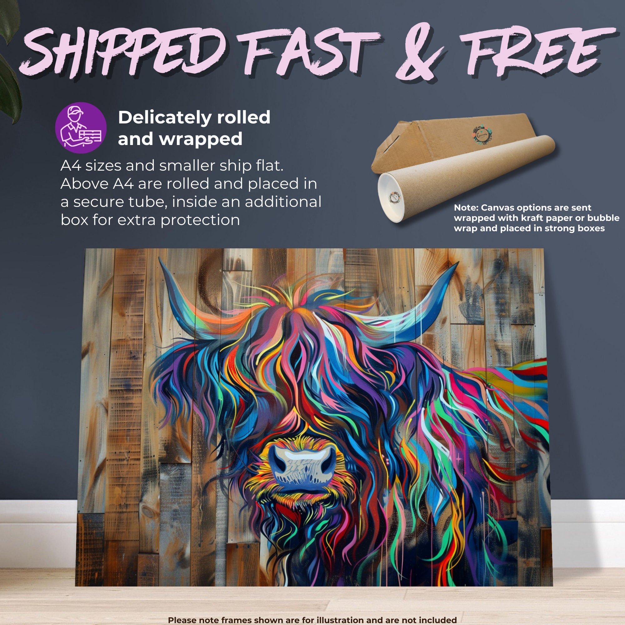 Highland Cow Canvas / Poster Print Wooden Background. Colourful Shaggy ...