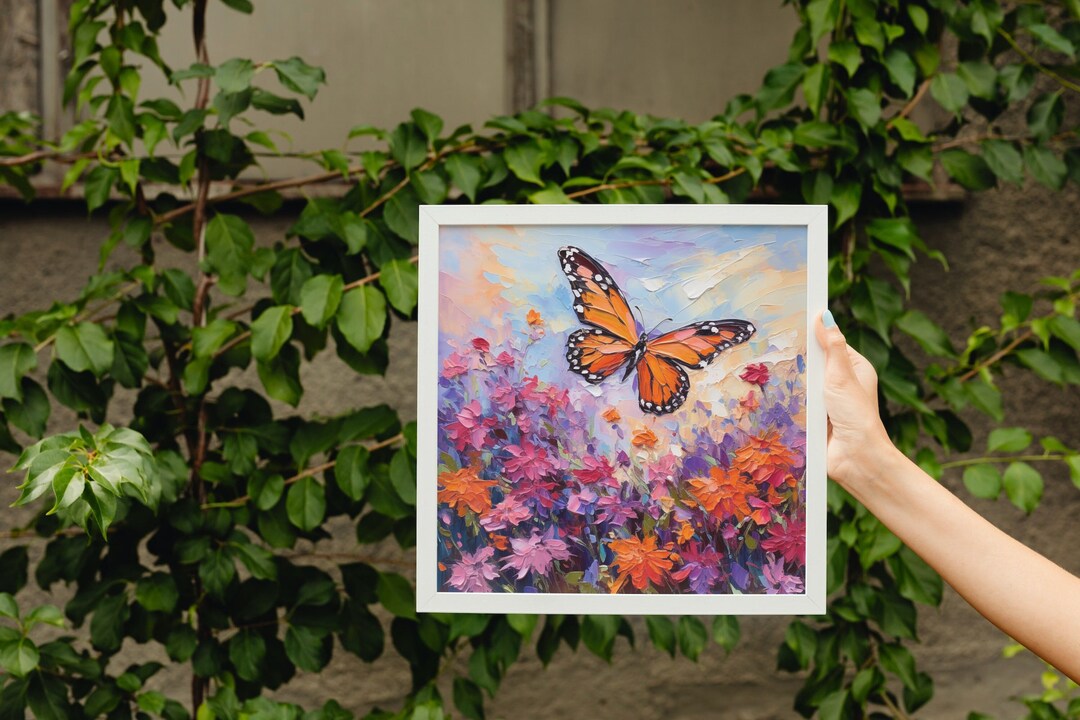Abstract Monarch Butterfly & Flowers Print. Unframed Colorful ...