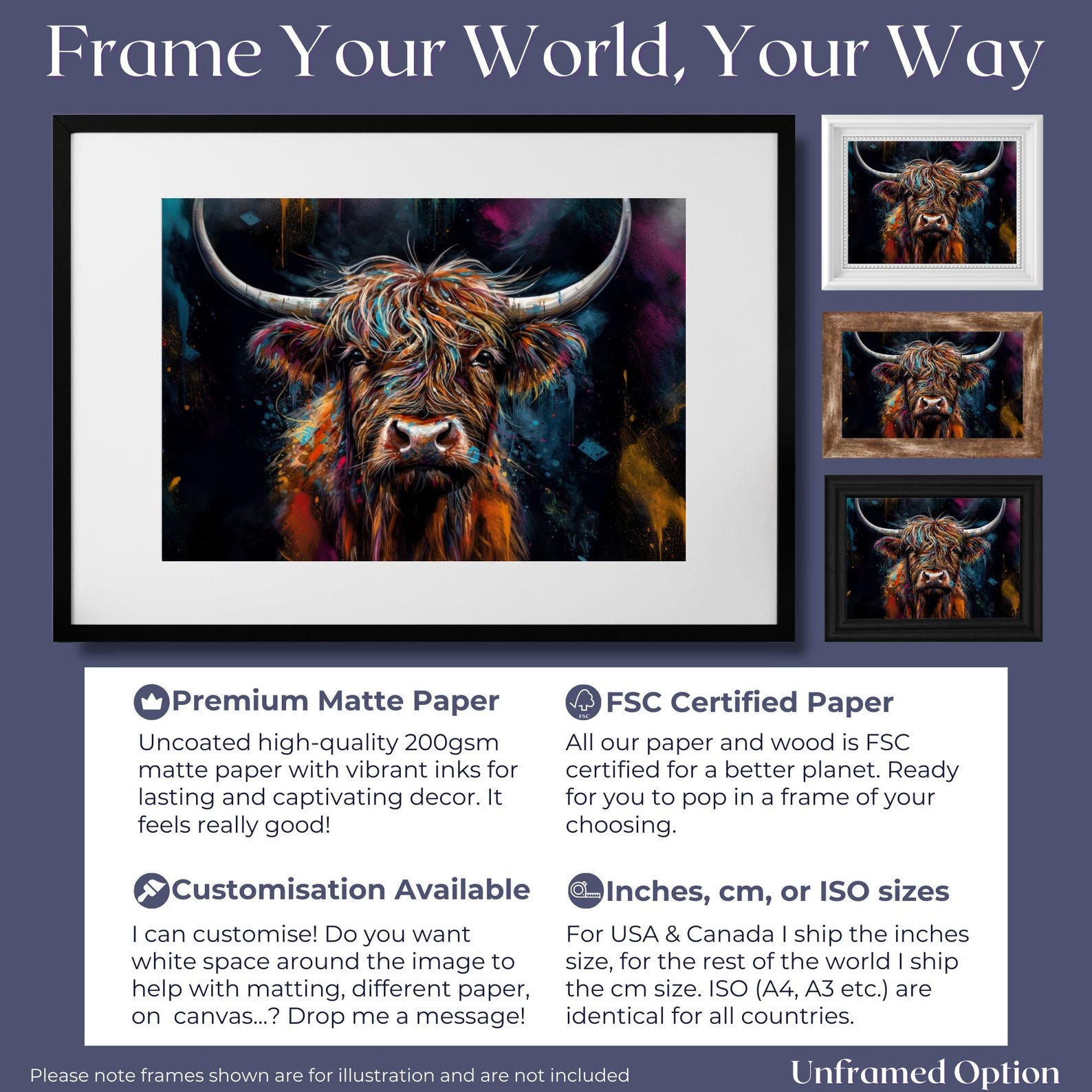 Highland Cow Canvas / Poster Print. Colorful Shaggy Scottish Cow ...