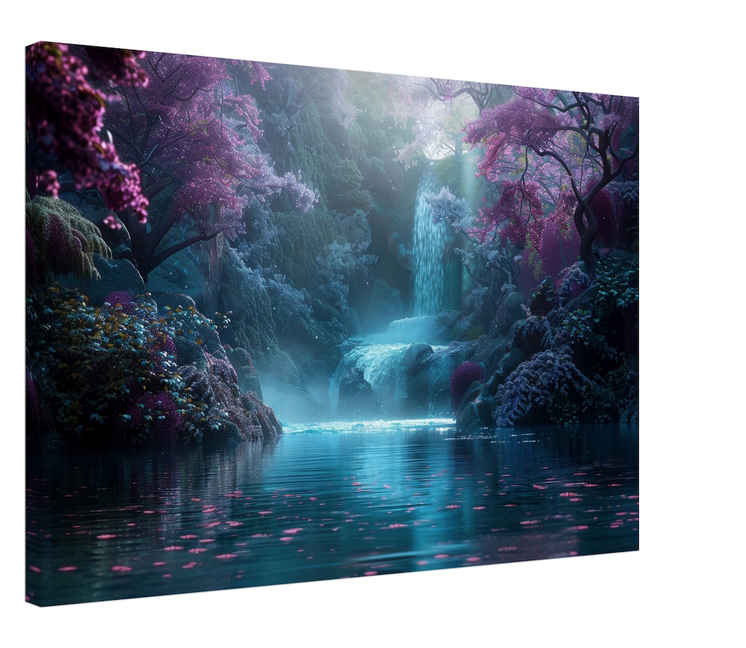 Enchanted Forest Waterfall Canvas. Unique Fairytale Landscape Nature ...