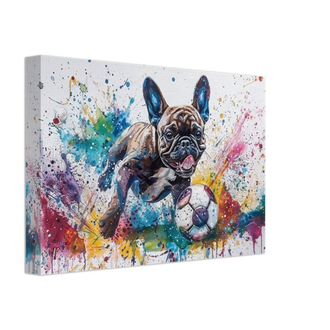 Paint Splash French Bulldog Playing Football Soccer on Canvas. Frenchie ...