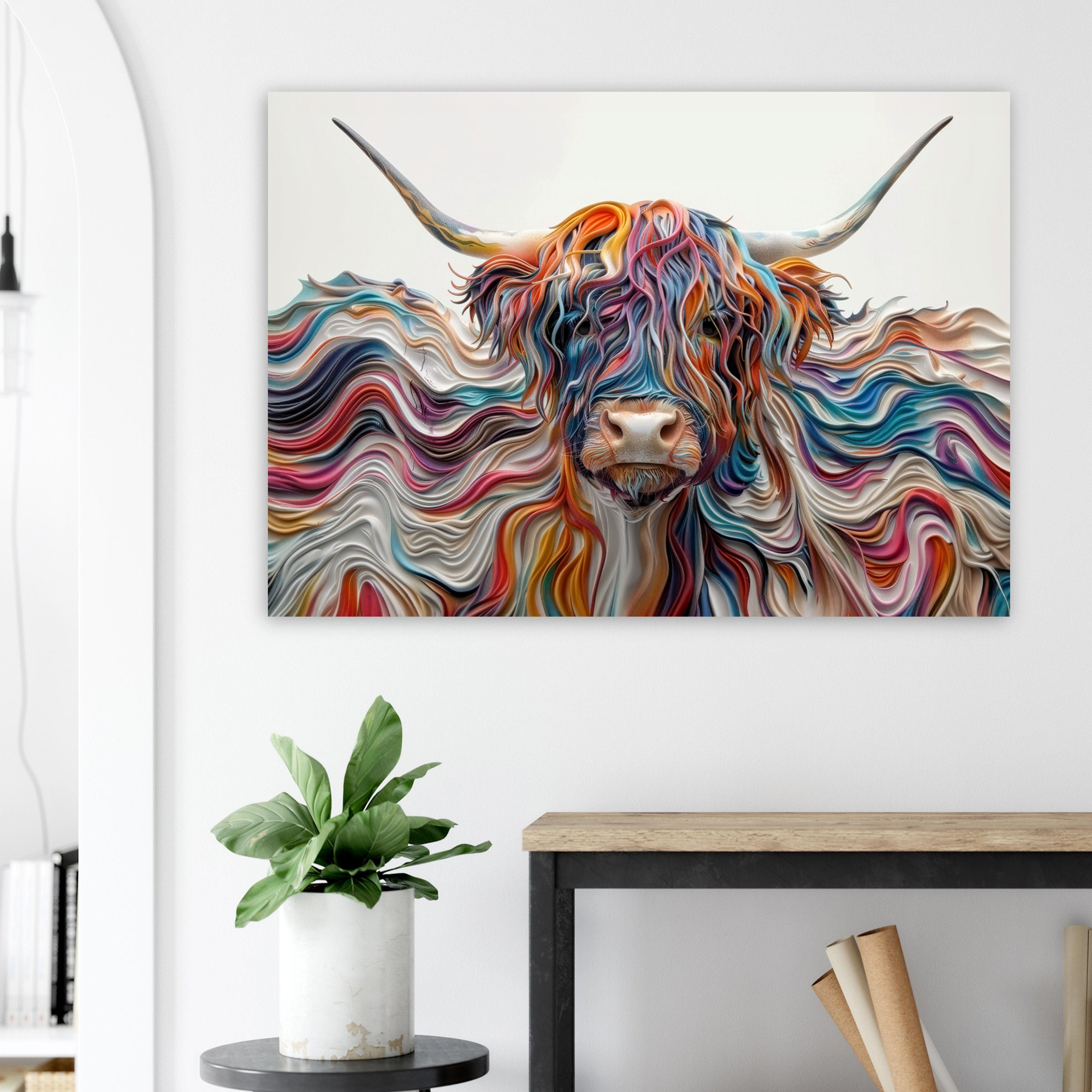 Abstract Highland Cow Canvas / Poster Print. Colorful Shaggy Scottish ...