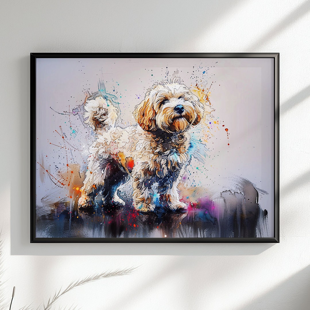 White Cockapoo Canvas / Poster Print. Colorful Watercolour Happy Doodle ...