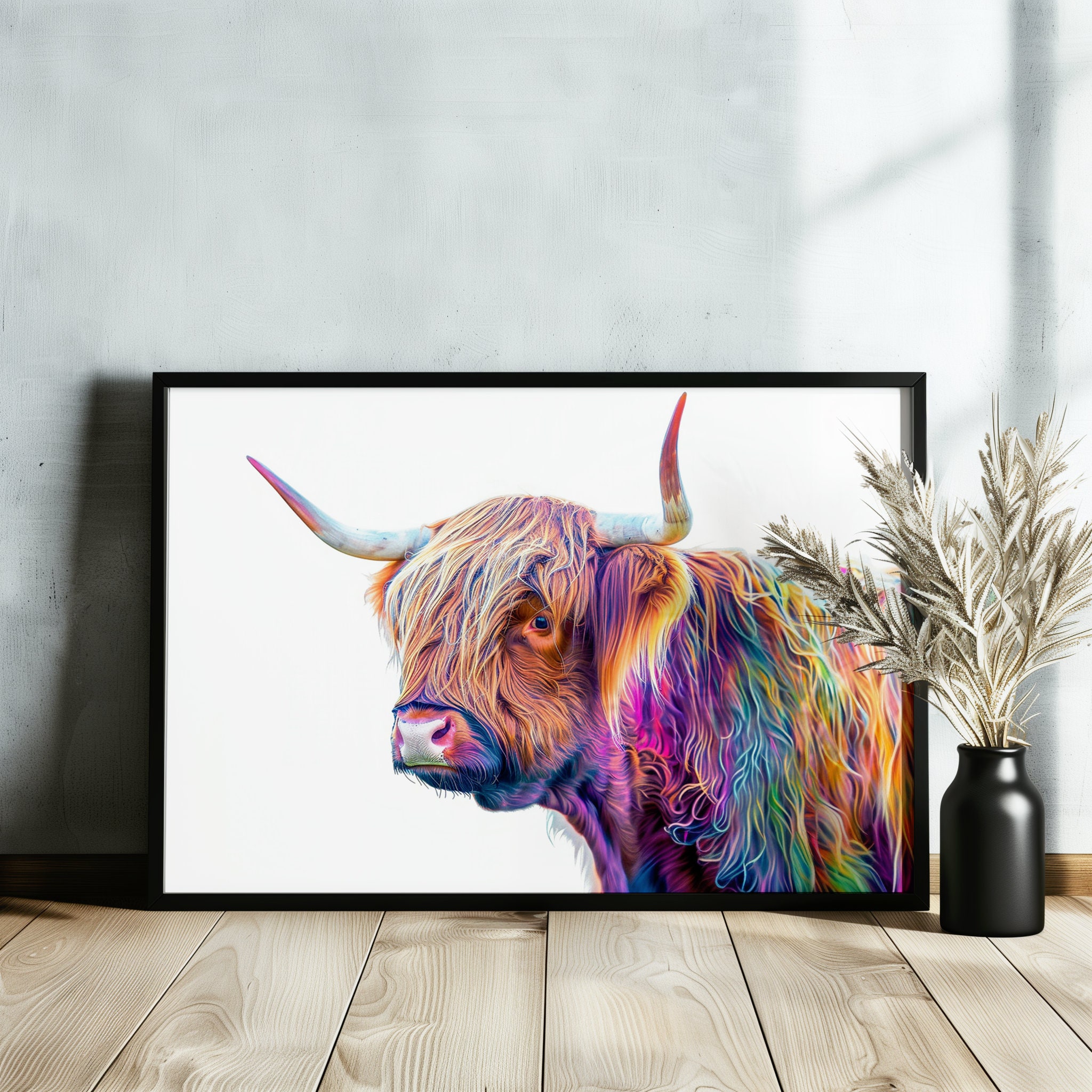 Highland Cow Canvas / Poster Print. Colorful Shaggy Scottish Cow ...
