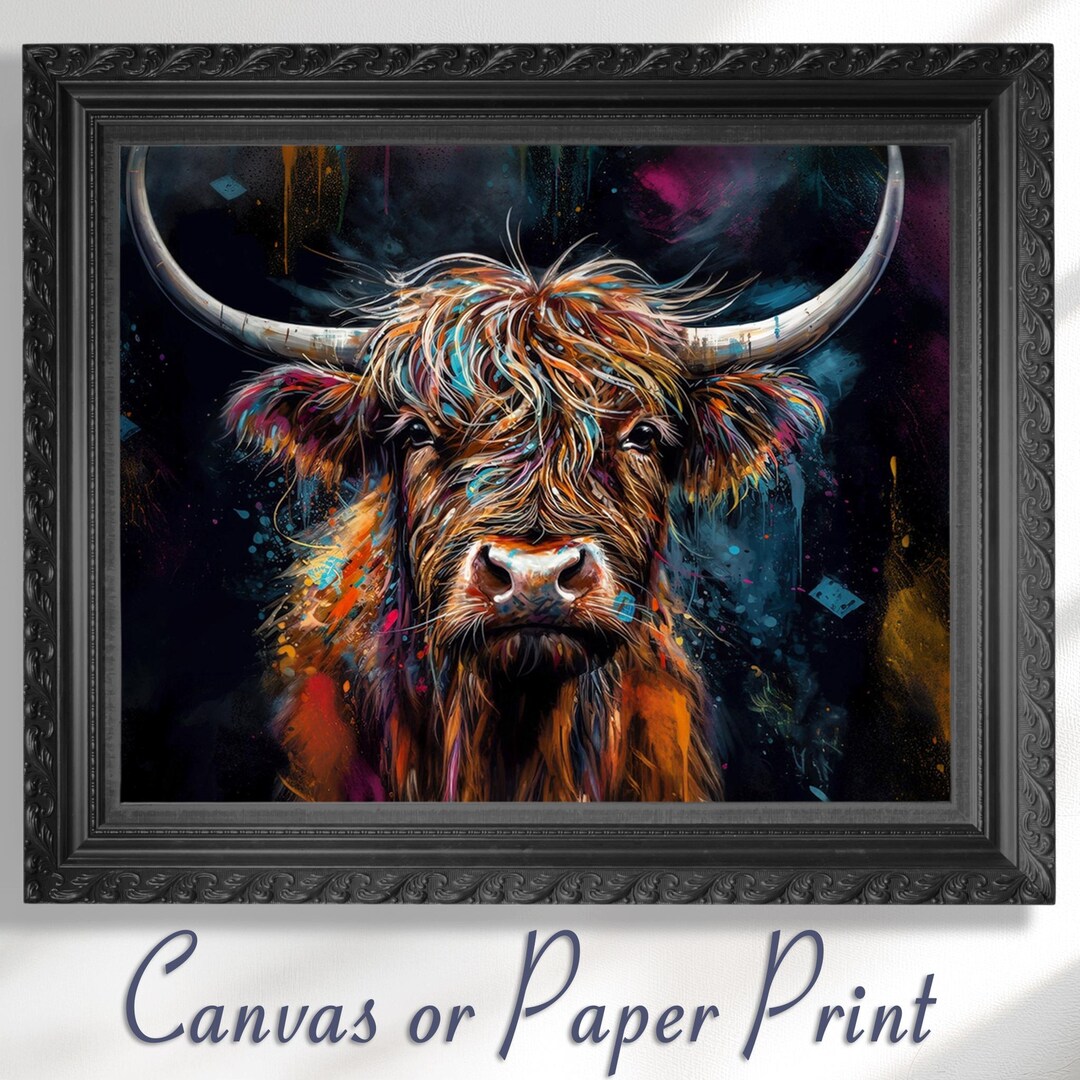Highland Cow Canvas / Poster Print. Colorful Shaggy Scottish Cow ...